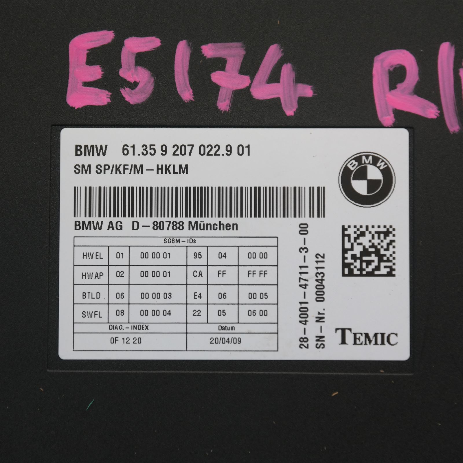 2009 BMW 7 SERIES Control unit/module 61359459676